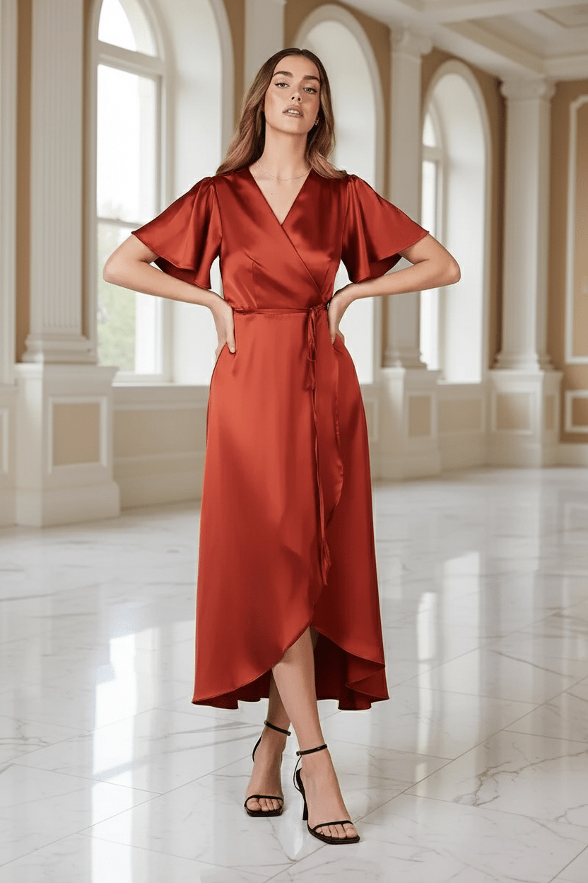 Florence Waterfall Bridesmaid Dress in Burnt Orange Satin – We Do Bou