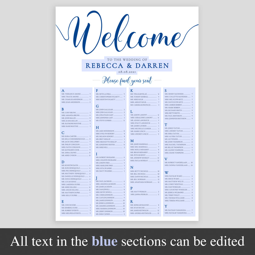 Royal Blue Seating Chart Template - Alphabetical Layout – We Do Bou