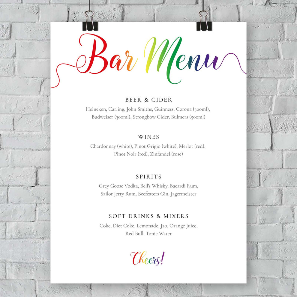 Pride Rainbow Bar Menu Template, Printable DIY Drinks Menu Download ...