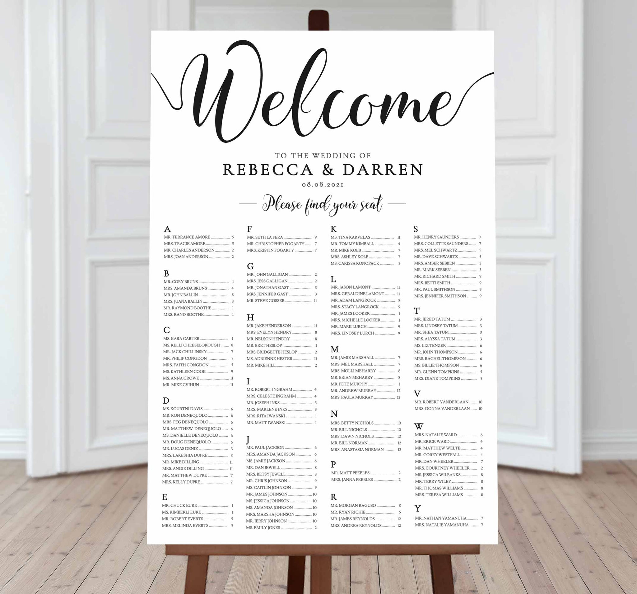 Alphabetical Wedding Seating Chart Template Instant Download in Black ...